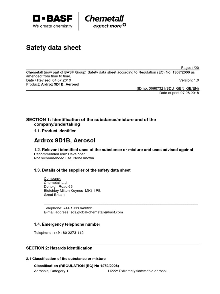 Safety Data Sheet for Ardrox 9D1B Aerosol Developer | PDF | Toxicity ...