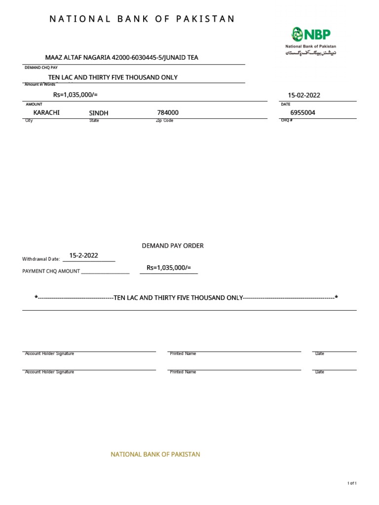 Automatic Bank Draft Authorization Form: National Bank of Pakistan ...