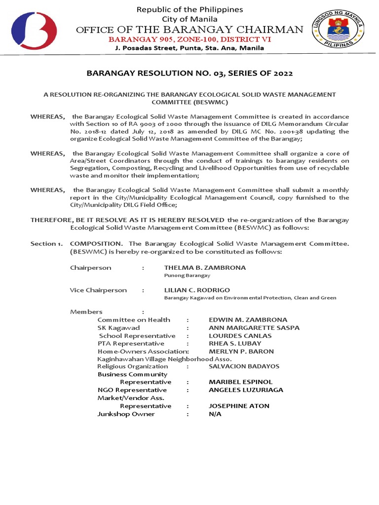Re-organization of BESWMC Resolution | PDF | Waste Management | Environment