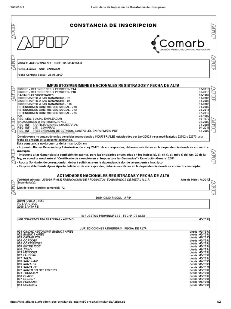 Constancia de Inscripción AFIP 2021 | PDF | Gobierno | Finanza pública