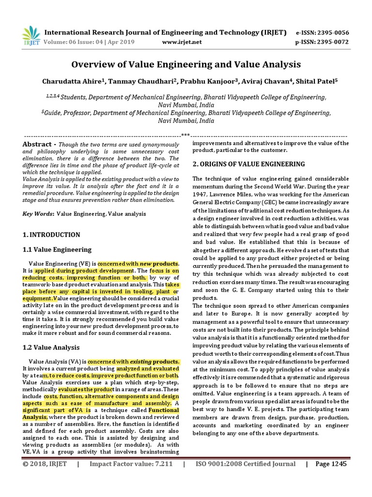 Value Analysis and Value Engineering | PDF | Analysis | Engineering