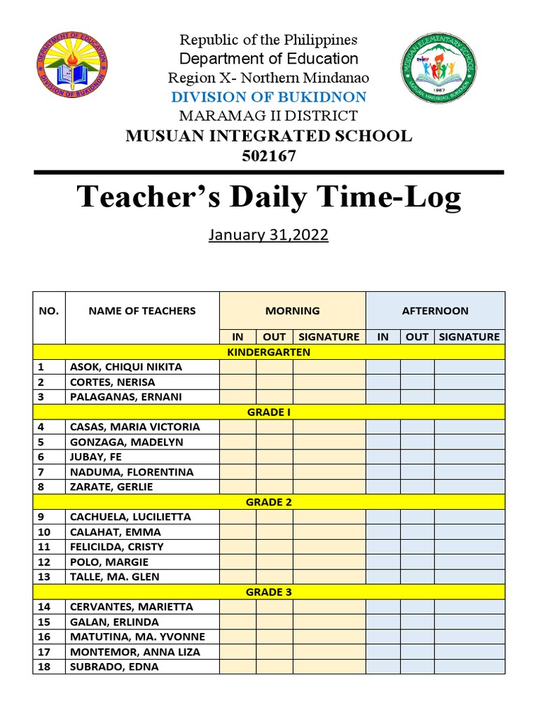 Teacher's Daily Time-Log: Musuan Integrated School 502167 | PDF