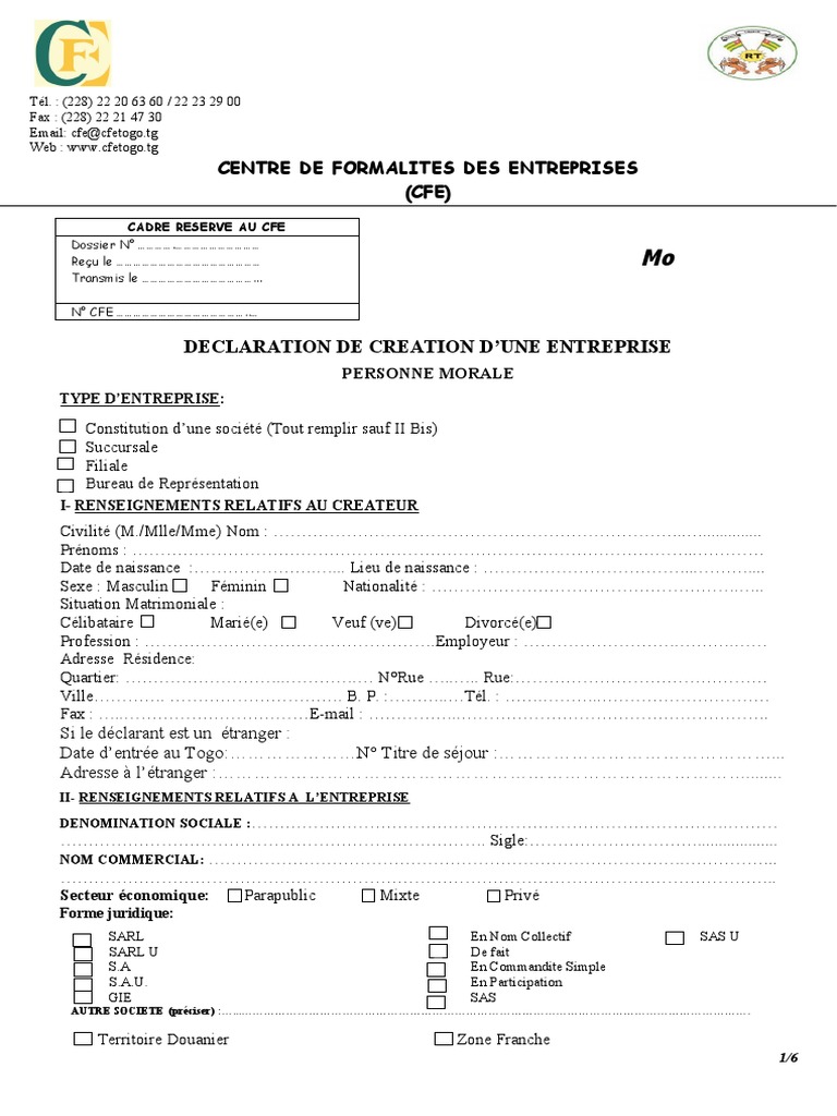 Declaration de Creation D'Une Entreprise: Centre de Formalites Des ...
