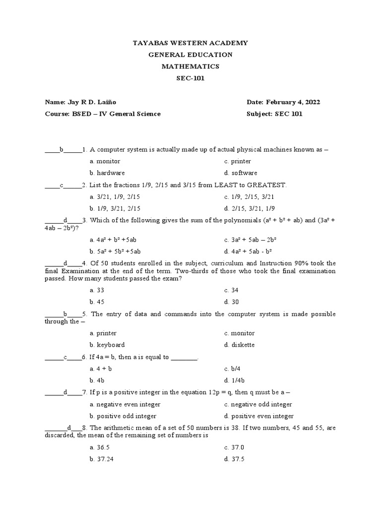 SEC-101 Mathematics Practice Questions | PDF | Rectangle | Area