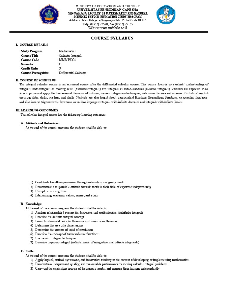 Course Syllabus (Calculus Integral) | PDF | Integral | Calculus