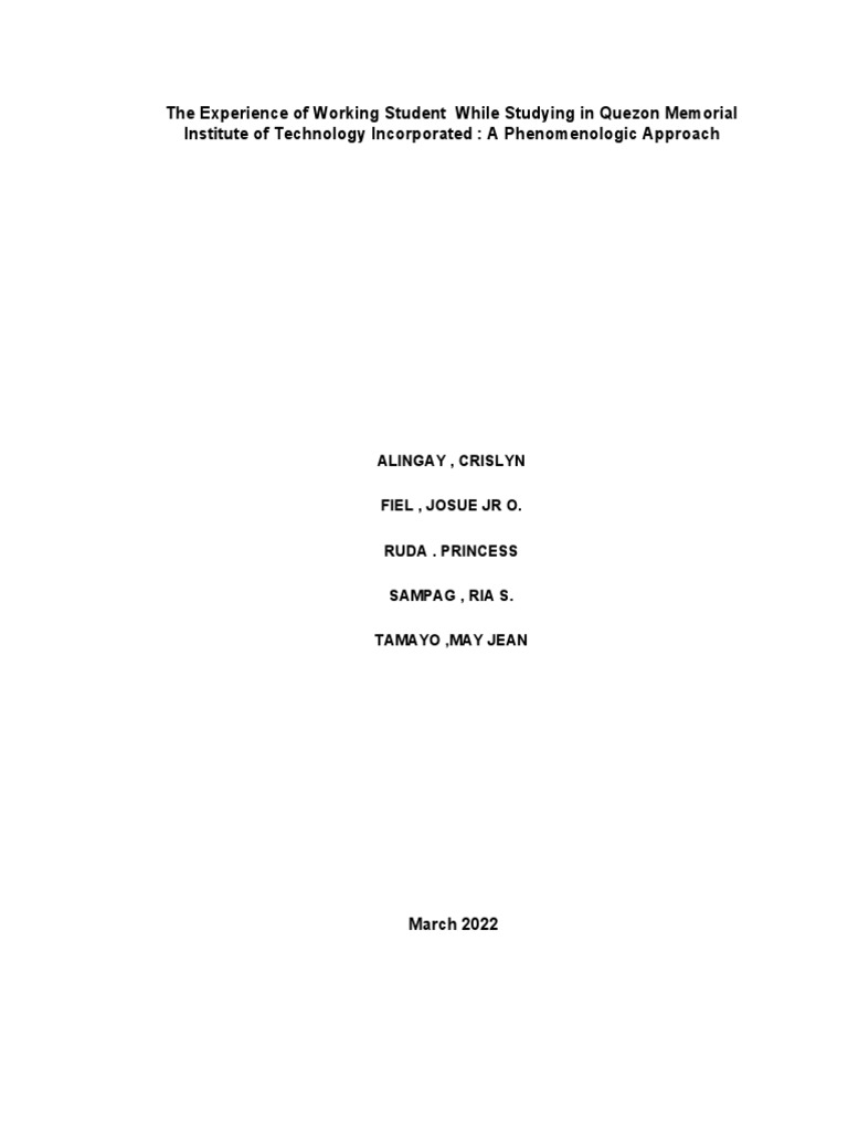 The Lived Experiences of UIC SHS Working Students A Phenomenological ...
