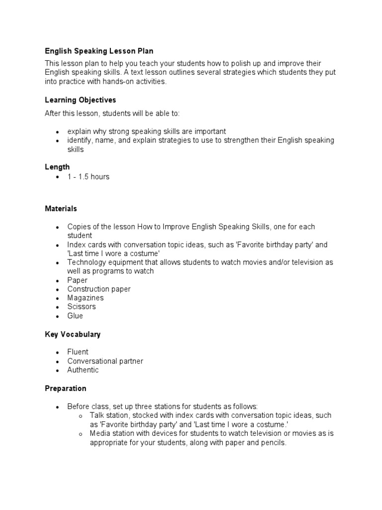 English Speaking Skills Lesson Plan | PDF