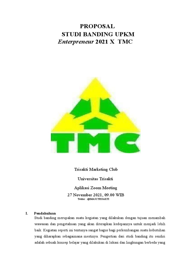 Proposal Studi Banding UPKM Enterpreneur Club X TMC 2021 | PDF