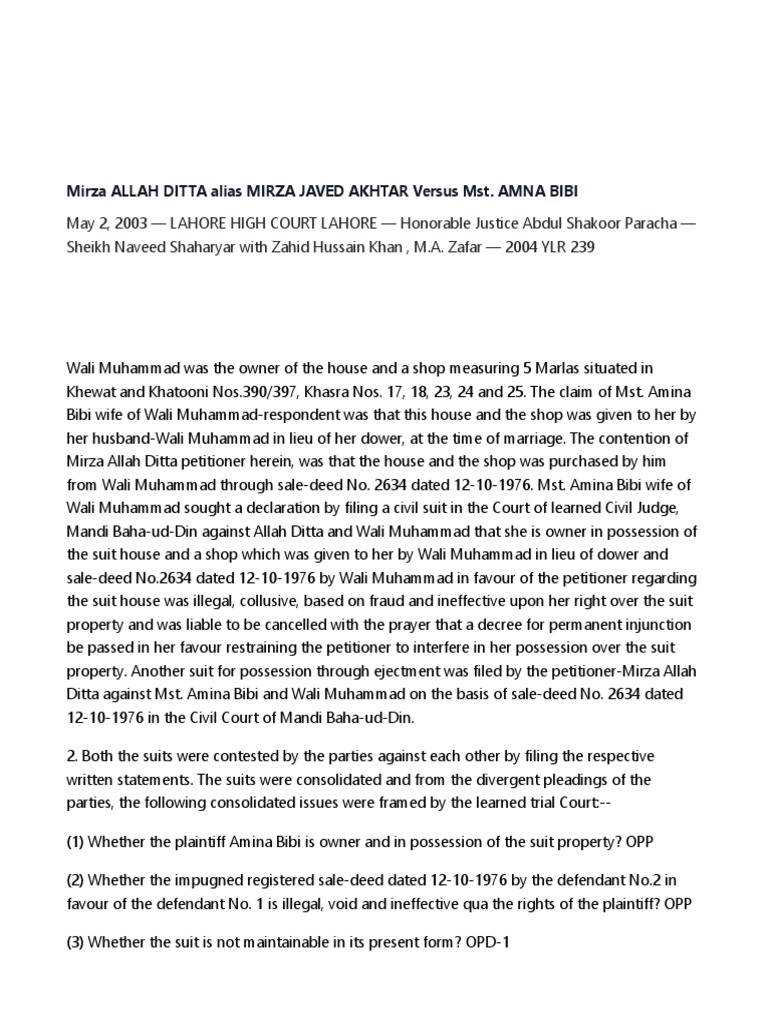 Mirza Allah Ditta Alias Mirza Javed Akhtar Versus Mst. Amna Bibi | PDF | Lawsuit | Judgment (Law)