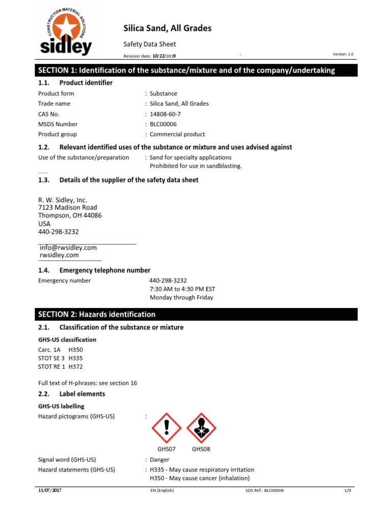 Silica Sand Safety Data Sheet | PDF | Toxicity | Personal Protective ...