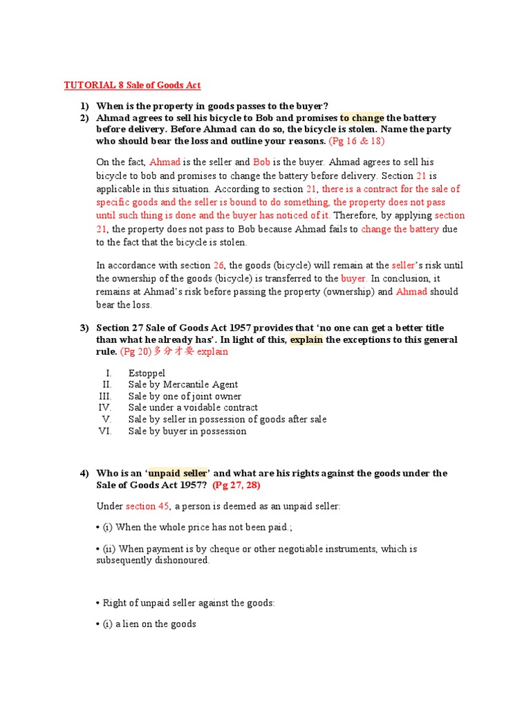 Law - T8 Sale of Goods Act | PDF | Sales | Textbook