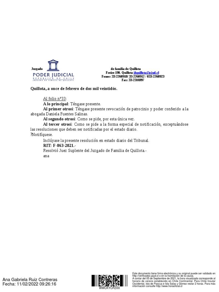 Juzgado de Familia de Quillota Freire 190. Quillota Fonos: 33-2260918/ ...