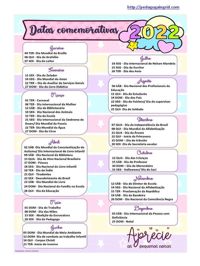 Calendário De Datas Comemorativas 2022 Pdf Blog Brasil