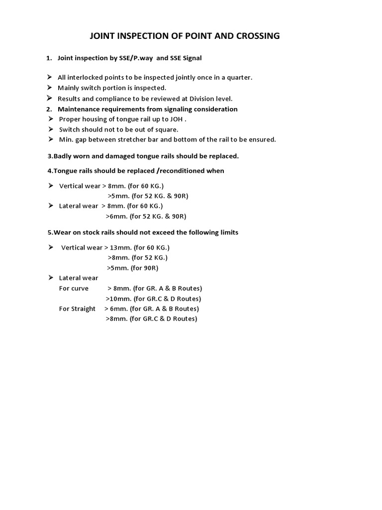 Draft Proforma For Joint Inspection of Points & Crossings | PDF | Screw ...