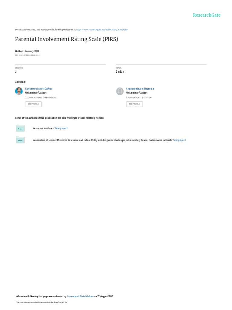 Parental Involvement Rating Scale 2001 | PDF | Validity (Statistics ...