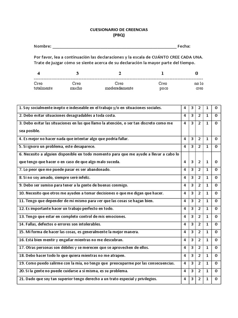 Cuestionario de Creencias PBQ | PDF
