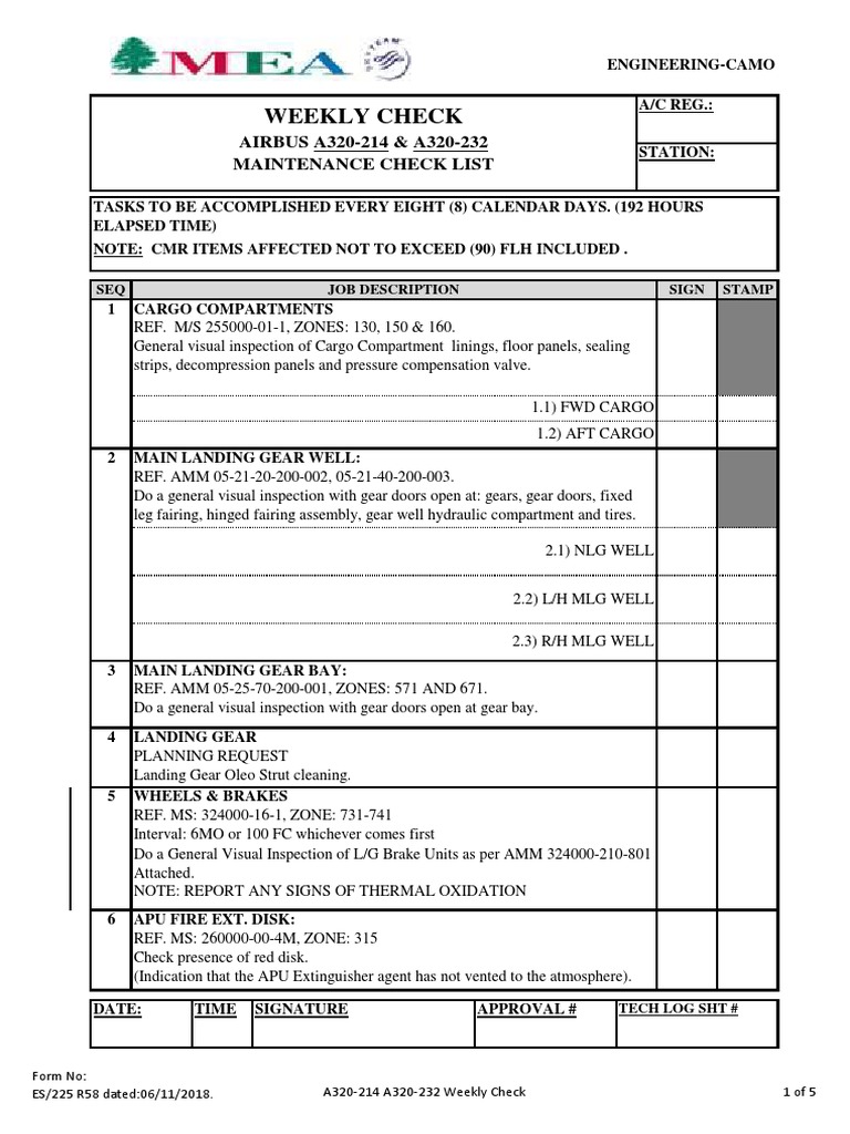 Weekly Check: AIRBUS A320-214 & A320-232 Maintenance Check List | PDF ...