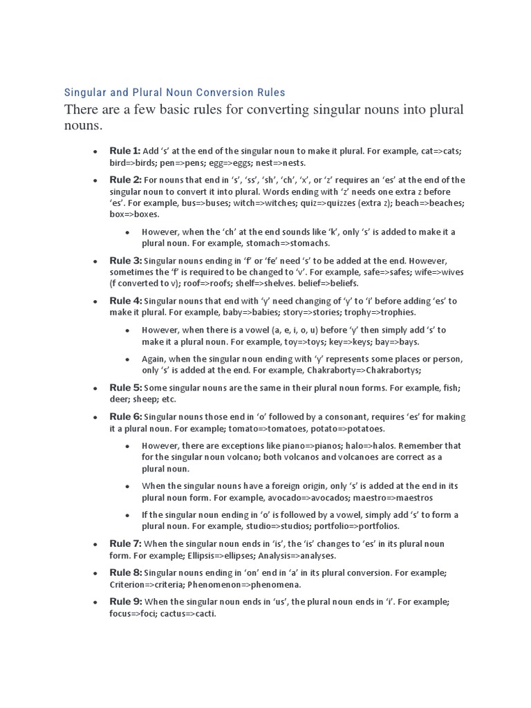 Singular And Plural Nouns Conversion Rules 14 Feb PDF Plural