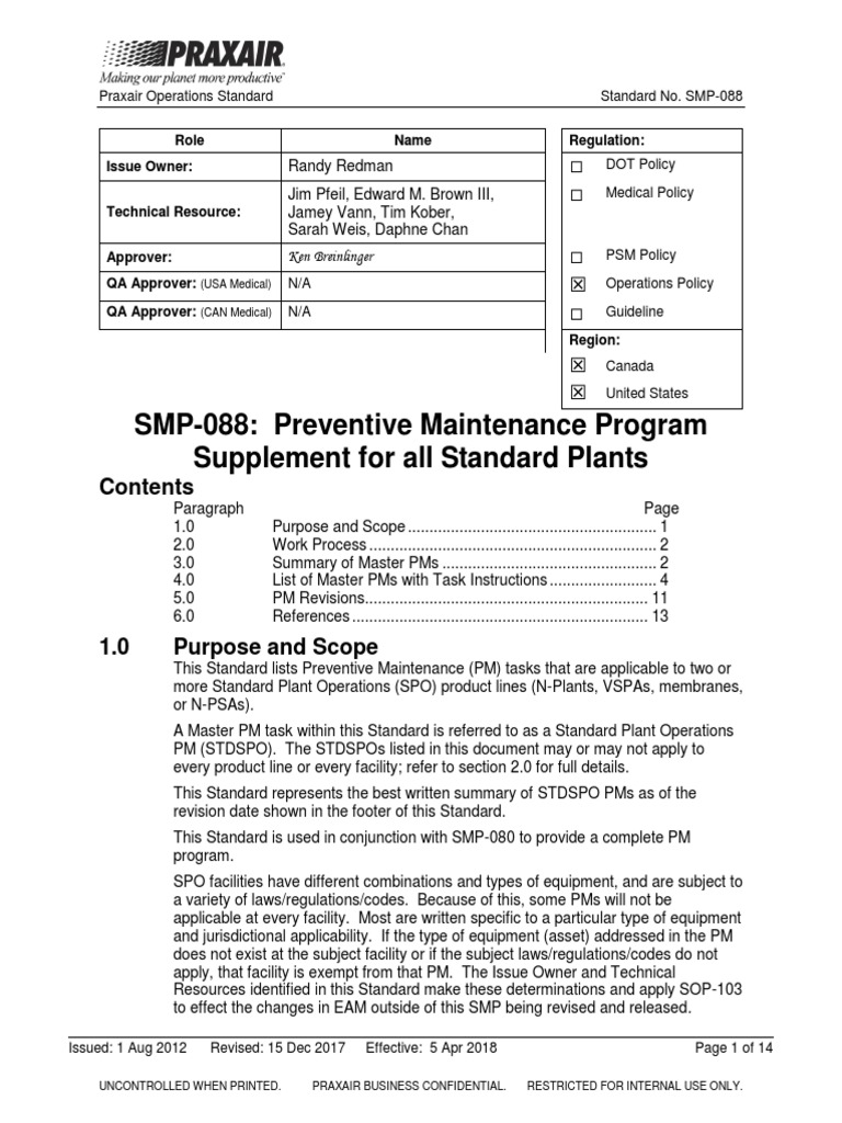 SMP-088: Preventive Maintenance Program Supplement For All Standard ...