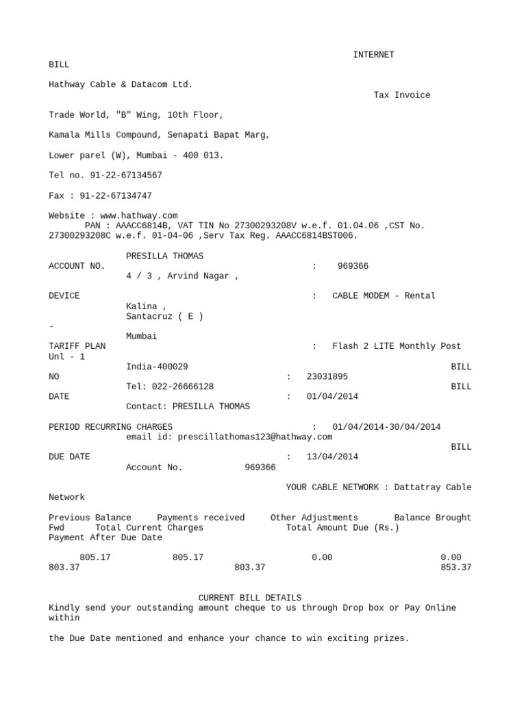Hathway Internet Bill Invoice 2014 | PDF | Invoice | Payments