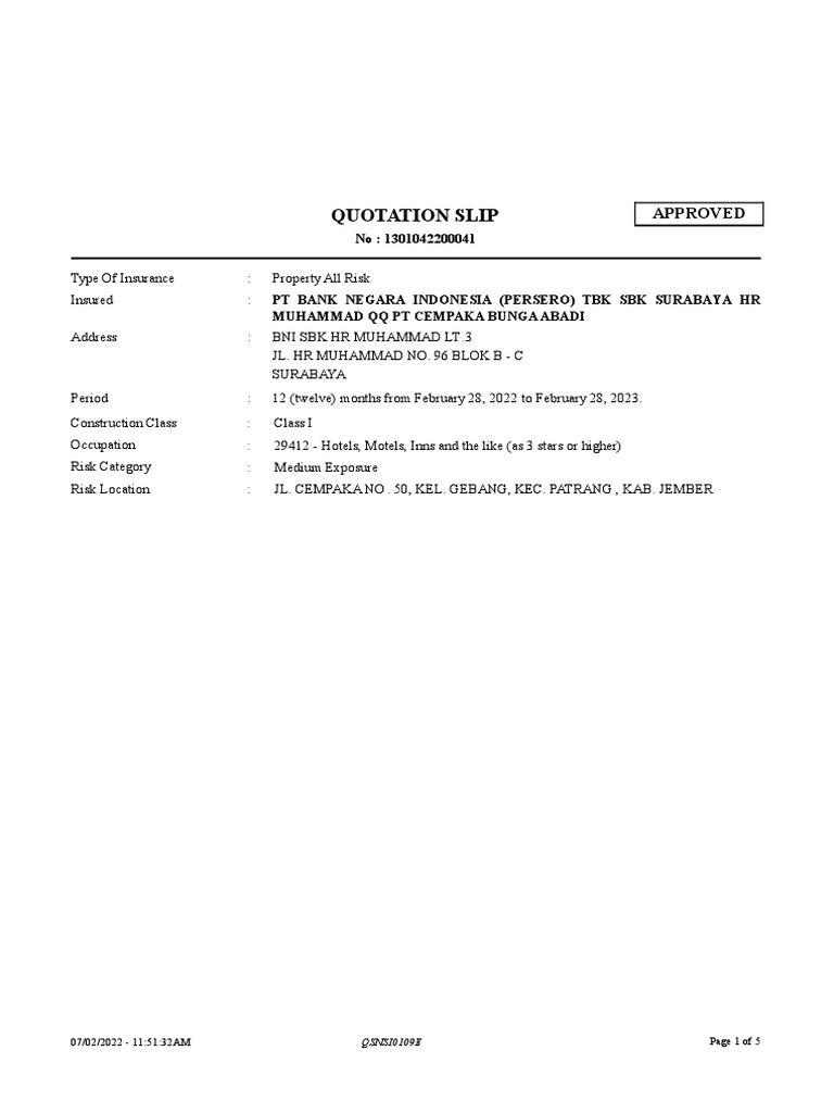 Property All Risk Insurance Quotation | PDF | Hazards | Nature
