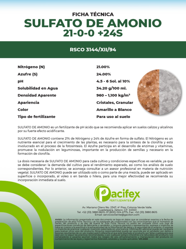 Ficha Técnica Sulfato de Amonio | PDF | Fertilizante | Química