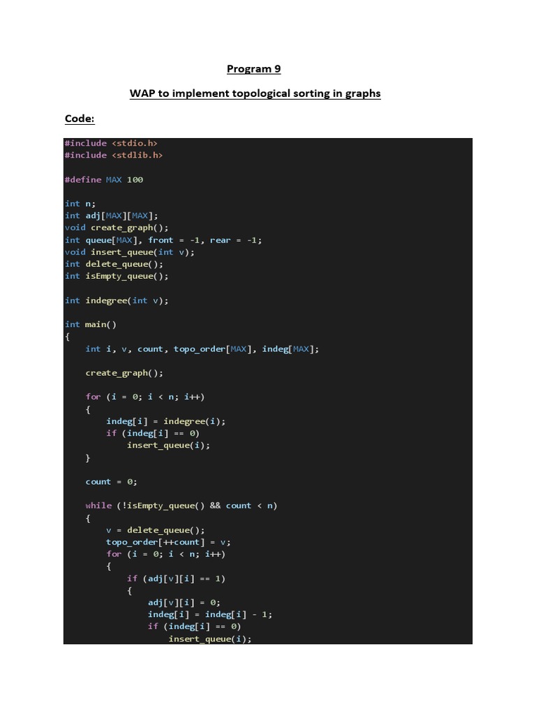 Program 9 Wap To Implement Topological Sorting In Graphs Code Pdf Mathematical Concepts 