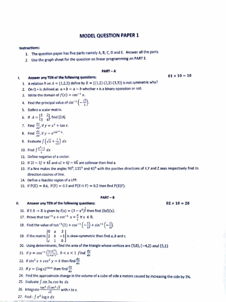 MODEL QUESTION PAPER 1 | PDF | Trigonometric Functions | Matrix ...