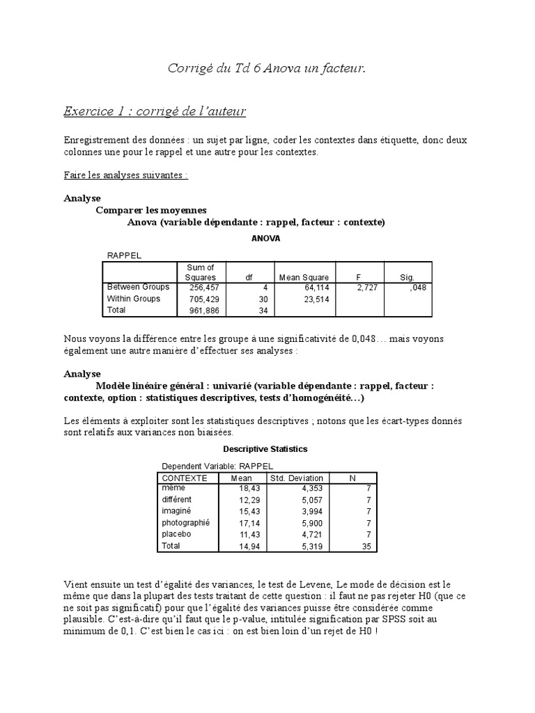 Corrig Du TD 6 Anova Un Facteur1 | PDF | Analyse de la variance | Valeur p