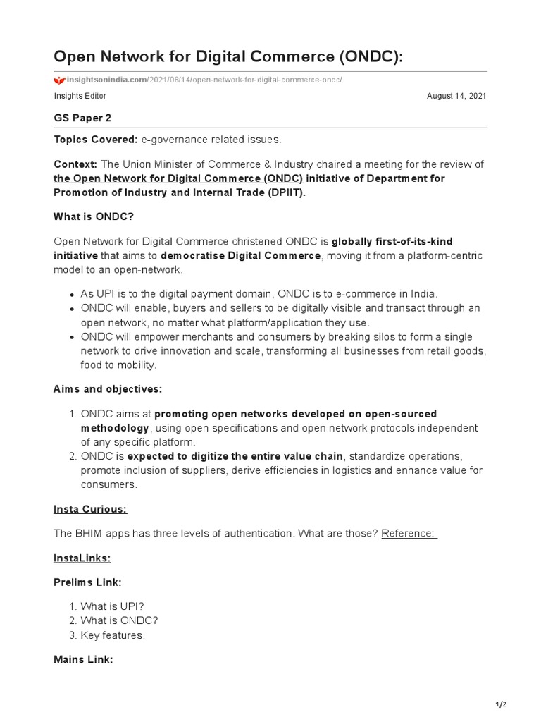 Open Network For Digital Commerce ONDC | PDF