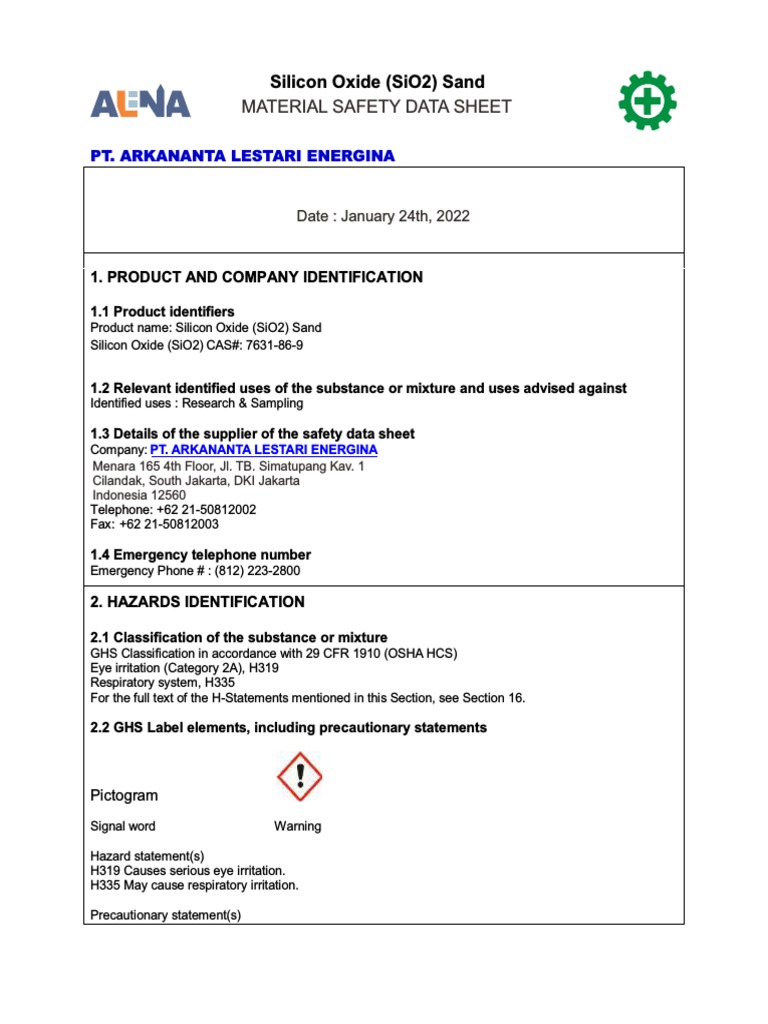 Material Safety Data Sheet: Silicon Oxide (Sio2) Sand | PDF | Dangerous Goods | Personal ...