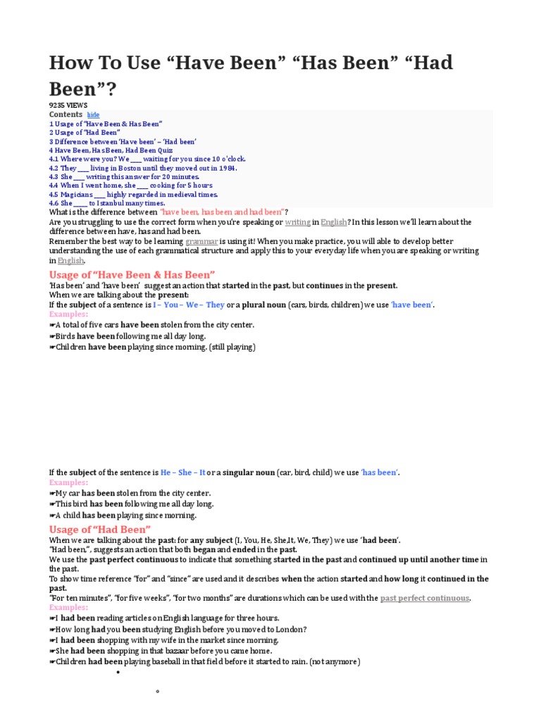 How To Use Have Been, Has Been, Had Been | PDF | English Language ...