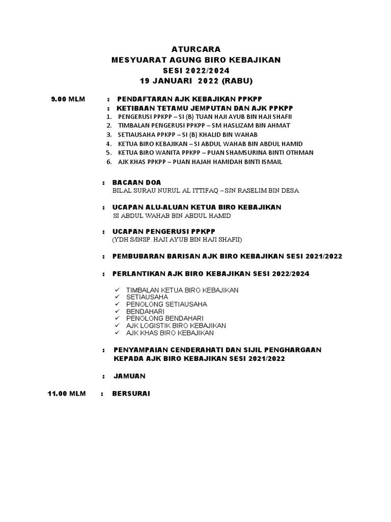 Aturcara Mesyuarat Agung Biro Kebajikan SESI 2022/2024 19 JANUARI 2022 (RABU) | PDF