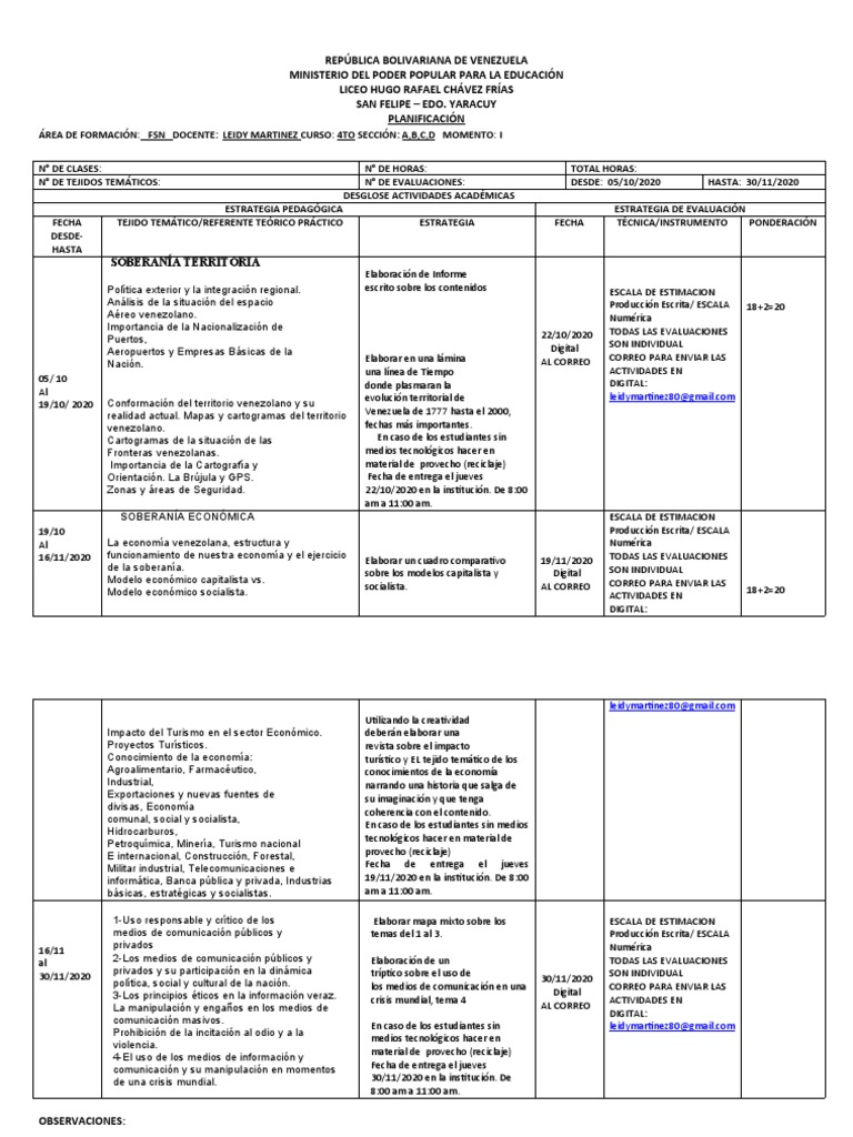 Planificacion FSN de 4to Año I Momento Año Escolar 2020-2021 | PDF ...