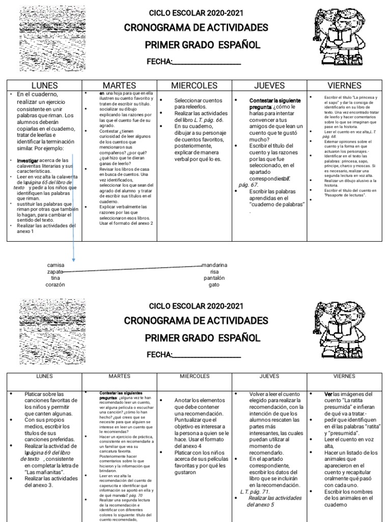 Cronograma Primer Grado 2020-2021 | PDF