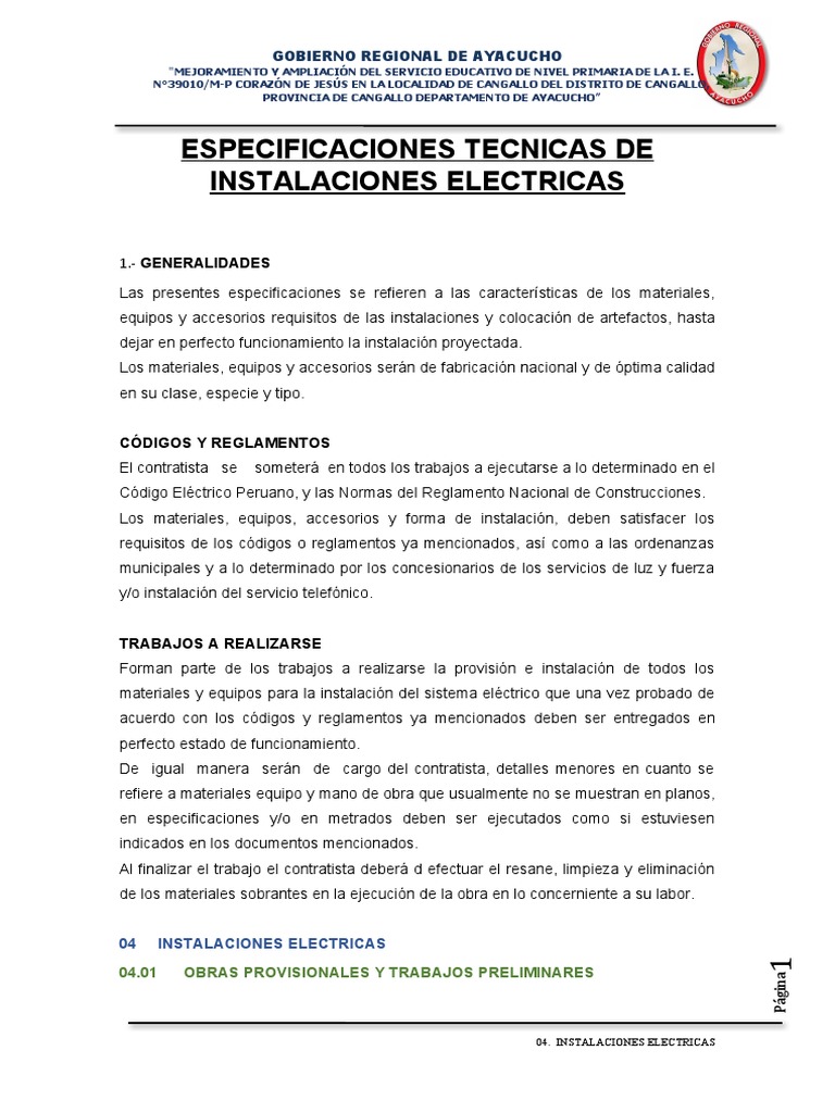 Especificaciones Tecnicas de Instalaciones Electricas | PDF | Enchufes y tomas de corriente ...