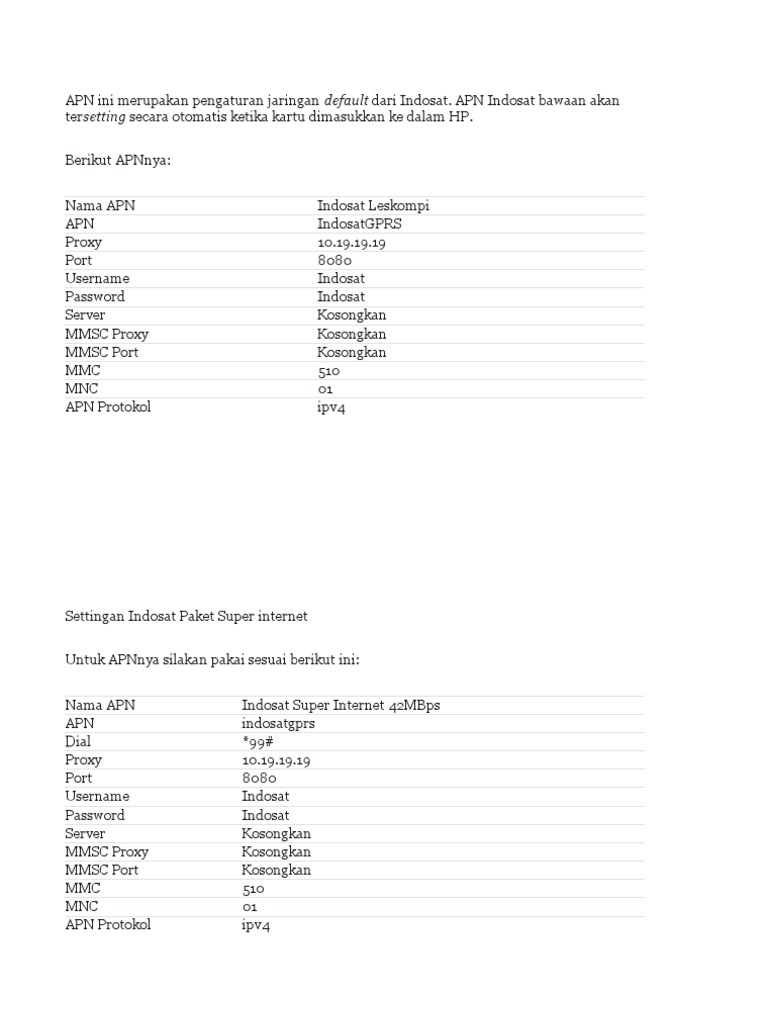 Settingan APN Indosat | PDF