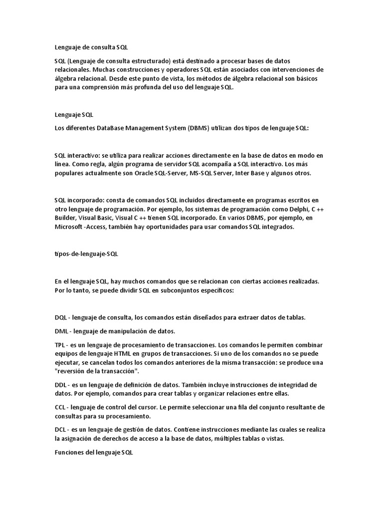 Introducción al Lenguaje SQL y sus Tipos | PDF | SQL | Bases de datos