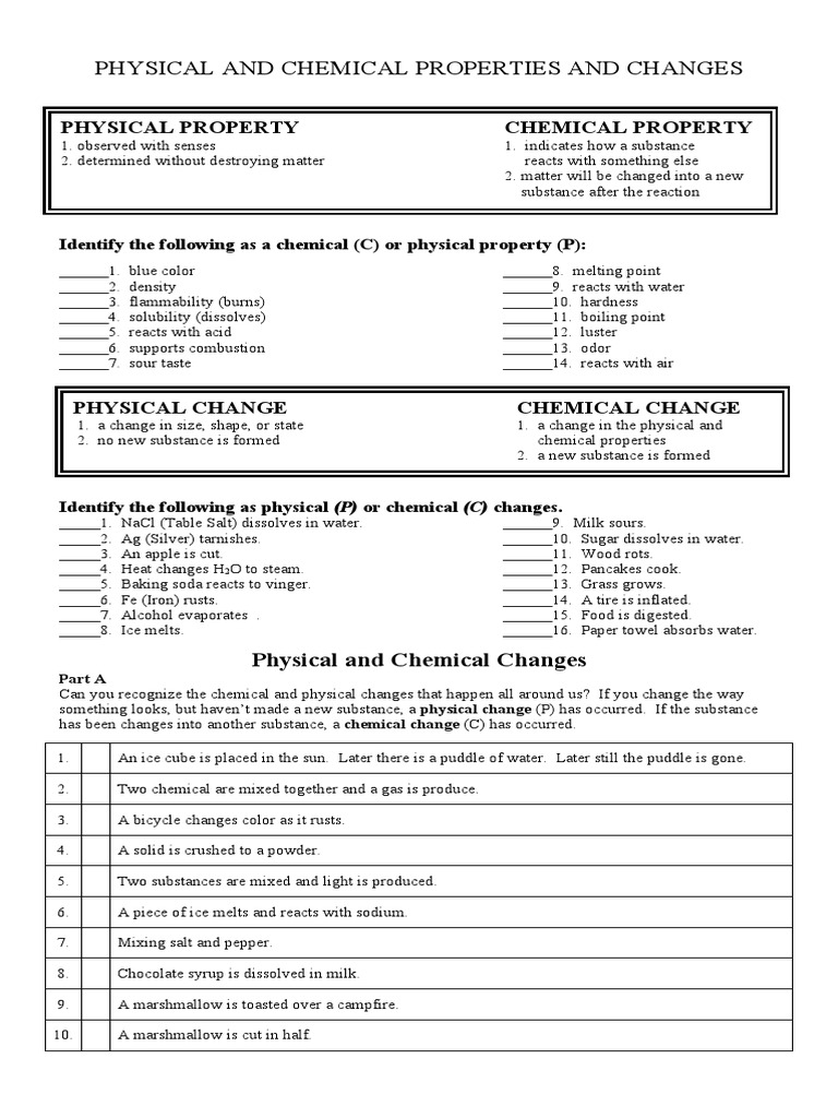 Physical and Chemical Changes Worksheet | PDF | Water | Chemical Substances