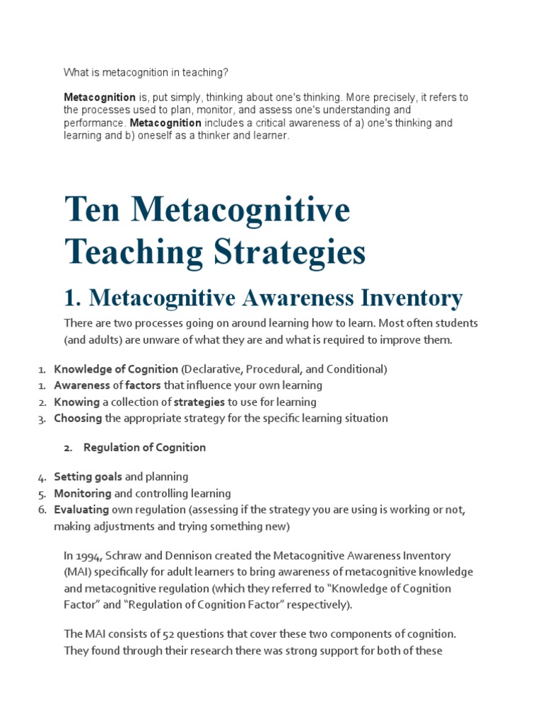 14.ten Metacognitive Teaching Strategies | PDF | Metacognition | Reading Comprehension