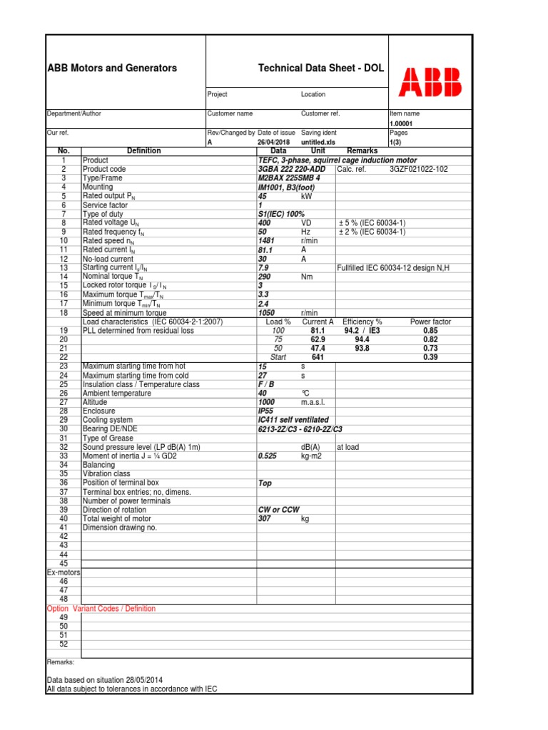 ABB Motors and Generators Technical Data Sheet - DOL: No. Data Unit ...