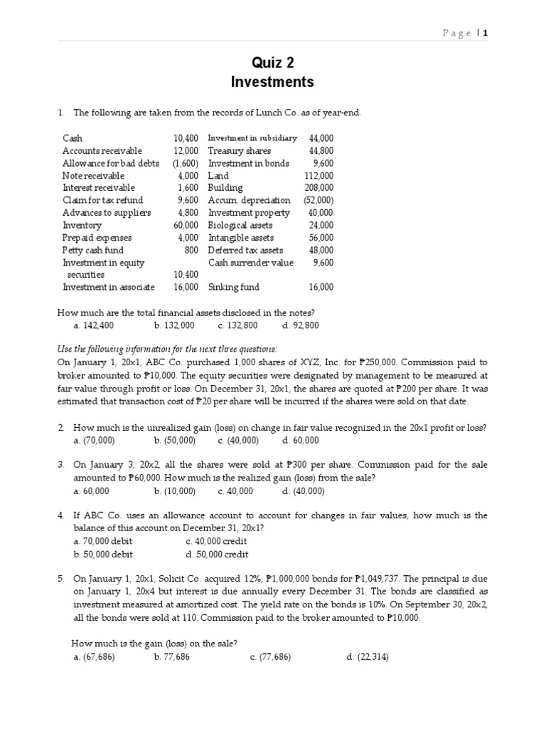 Quiz 2 Investments - Questions | PDF | Investing | Debits And Credits