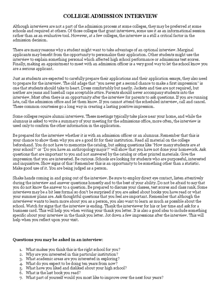 College Admission Interview | PDF | University And College Admission ...