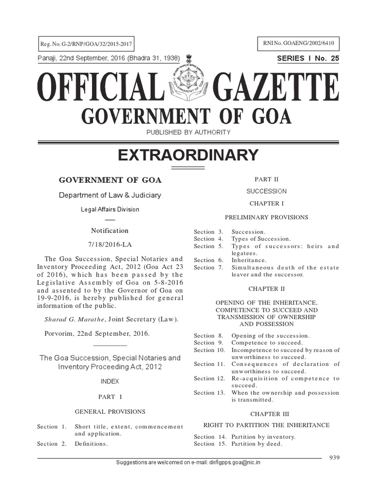 Goa Succession Special Notaries and Inventory Act, 2012 | PDF | Will ...