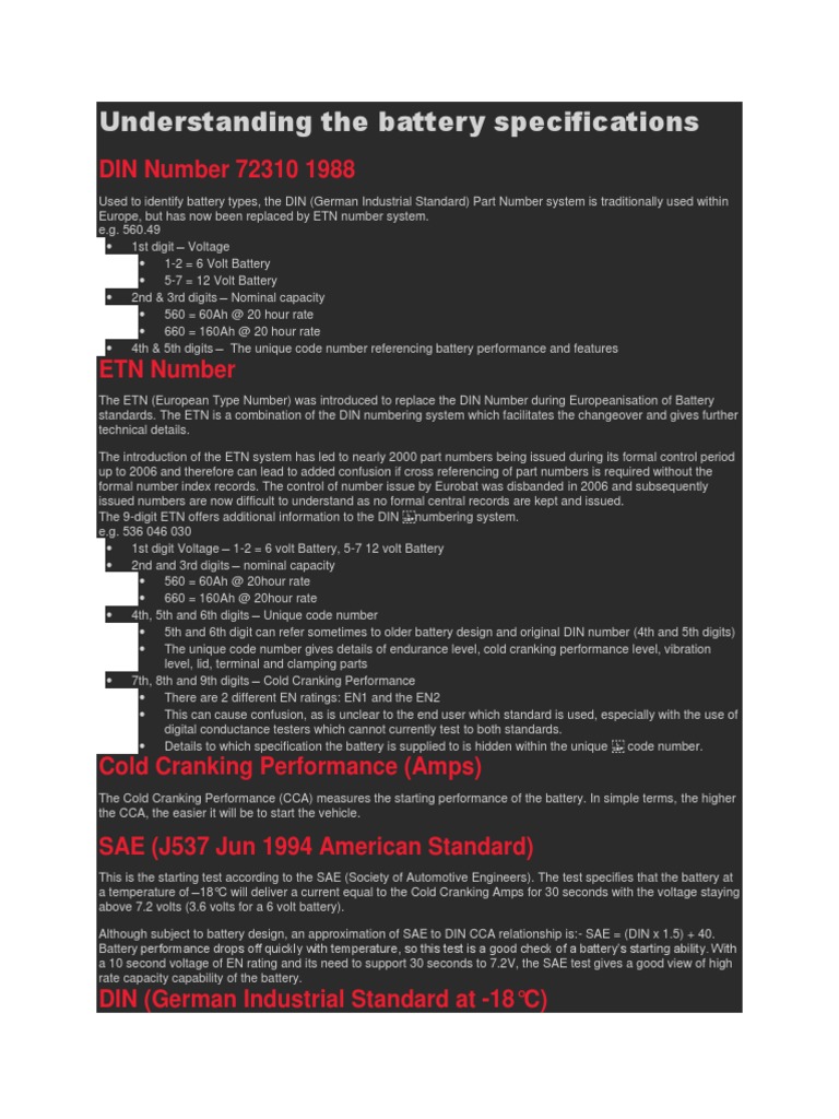 Understanding The Battery Specifications: DIN Number 72310 1988 | PDF ...