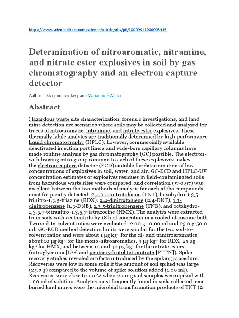 Determination of Nitroaromatic, Nitramine, and Nitrate Ester Explosives ...