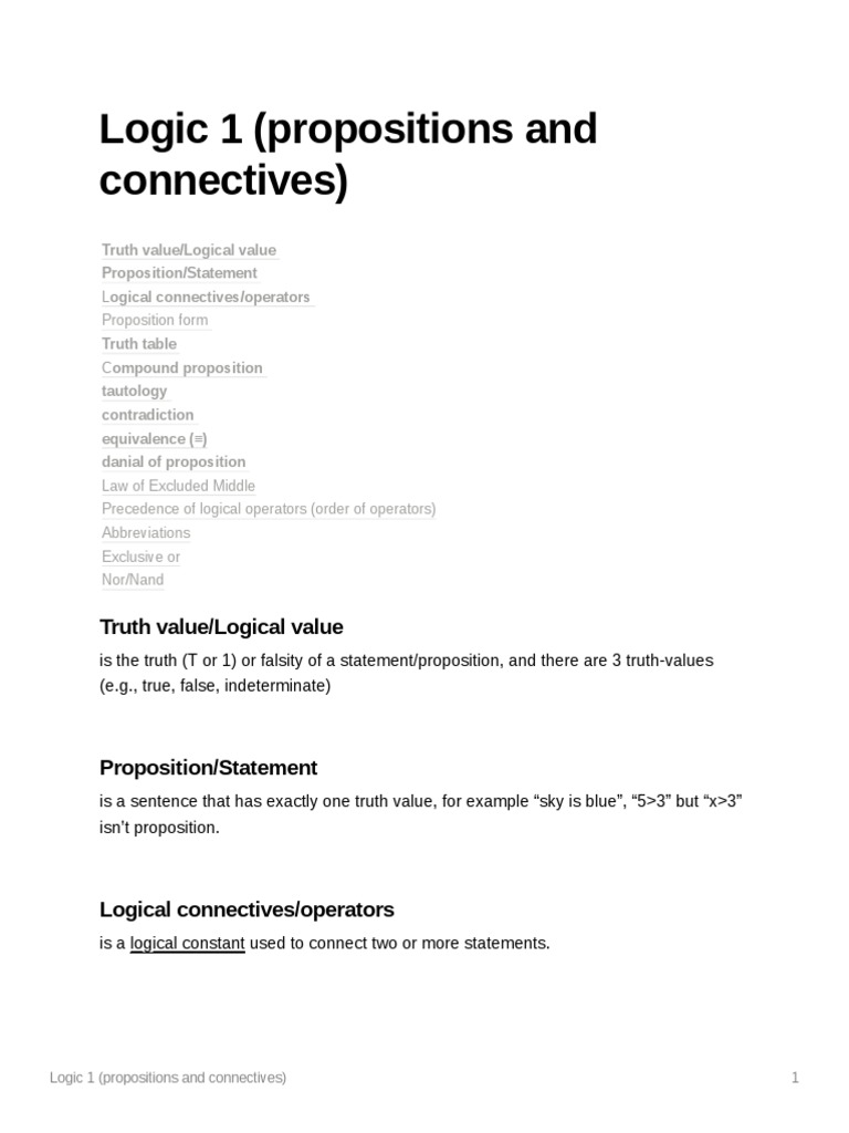 Logic 1 (Propositions and Connectives) : Truth Value/logical Value ...