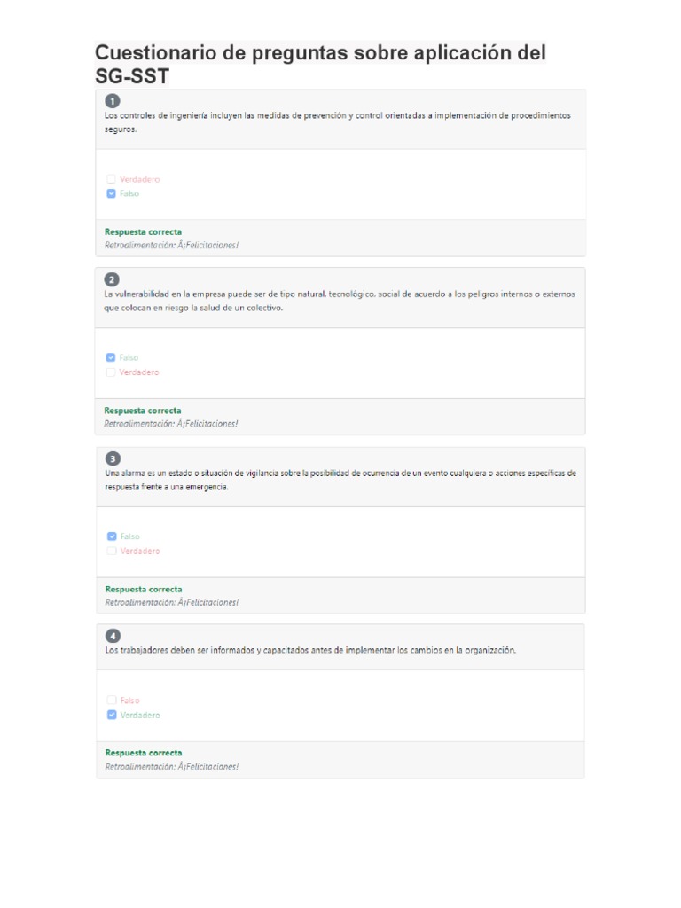 Cuestionario de Preguntas Sobre Aplicación Del SG-SST | PDF
