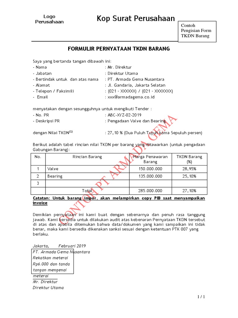 Contoh Surat Pernyataan TKDN Barang | PDF