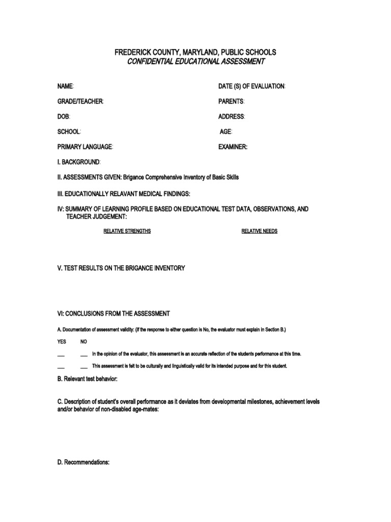 Brigance Comprehensive Battery Template | PDF | Wellness